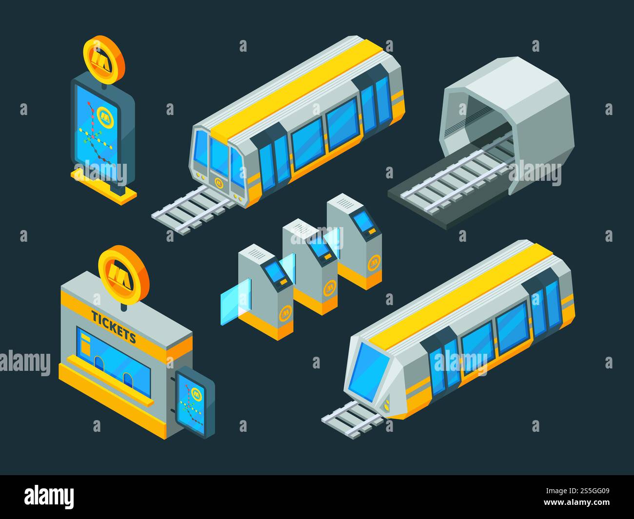 Metro elements. Train escalator and subway gate vector isometric low ...