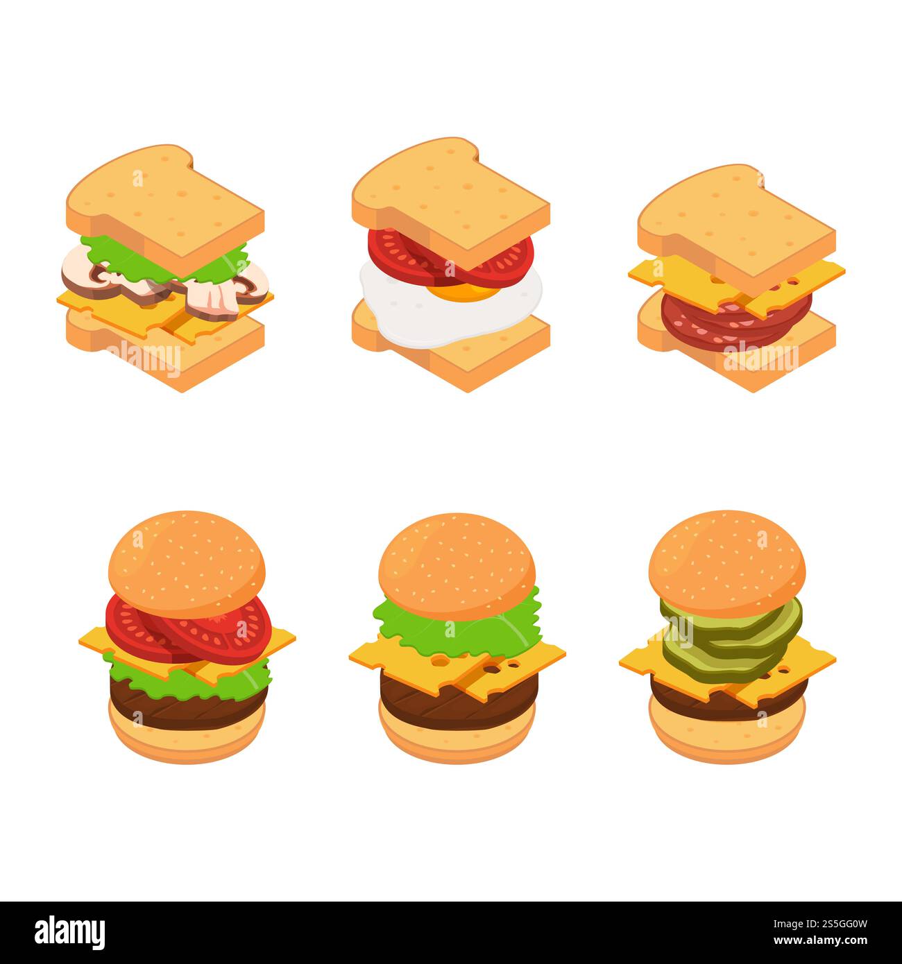 Vector isometric burger and sandwich types set illustration. Hamburger ...