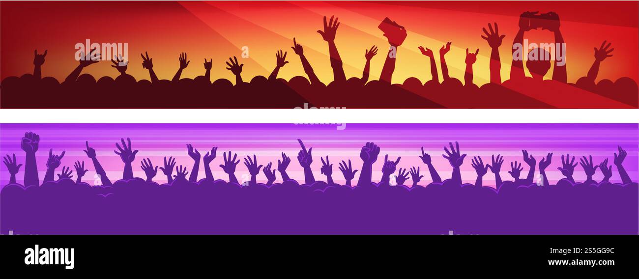 Human silhouettes in massive crowd with raised hands that hold modern ...