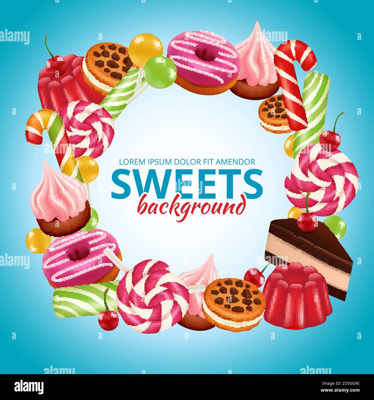 Sweet candy frame. Lollipop round and twisted shop colored dulce vector ...