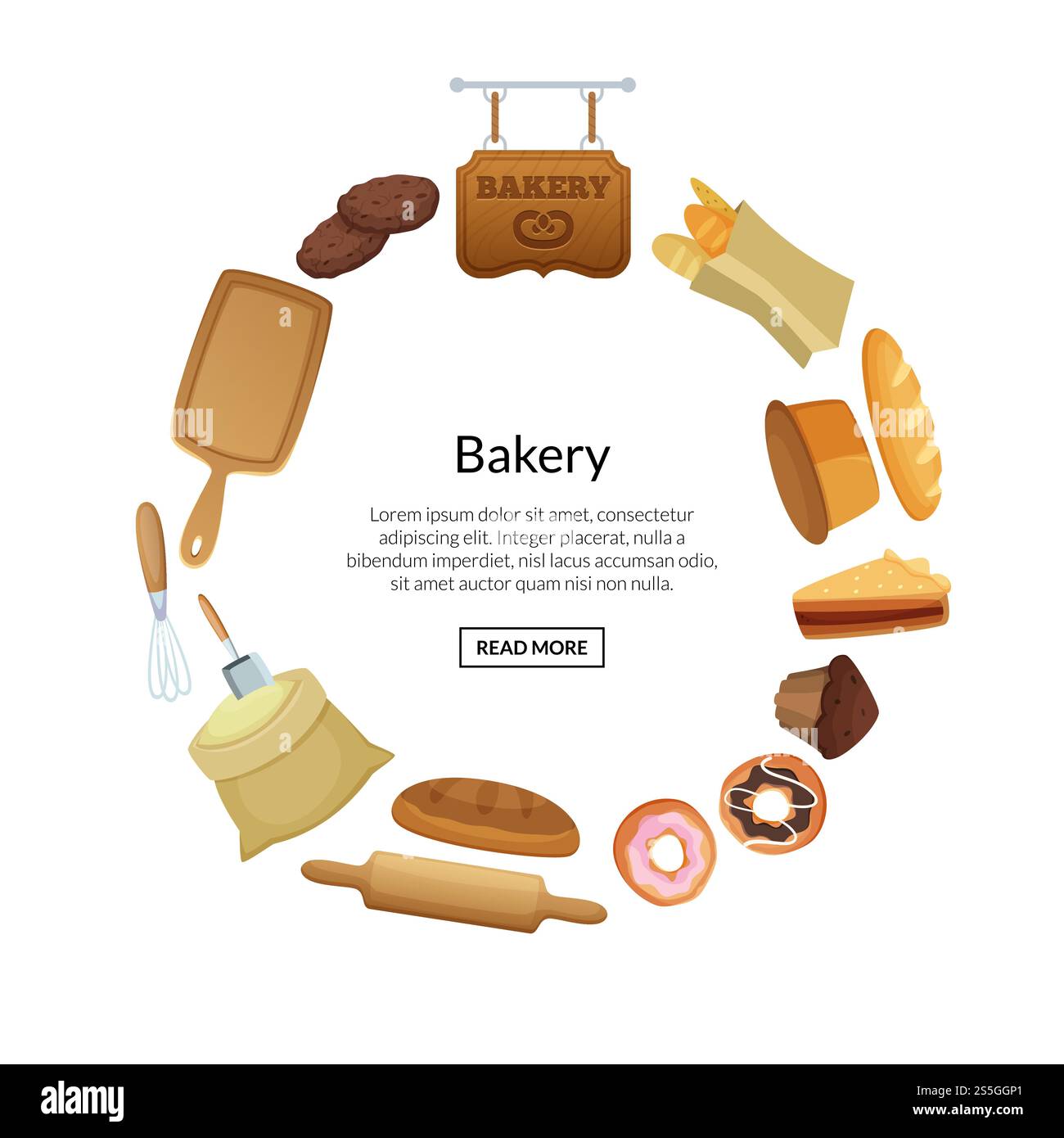 Vector cartoon bakery elements stickers with place for text set illustration. Vector cartoon ...