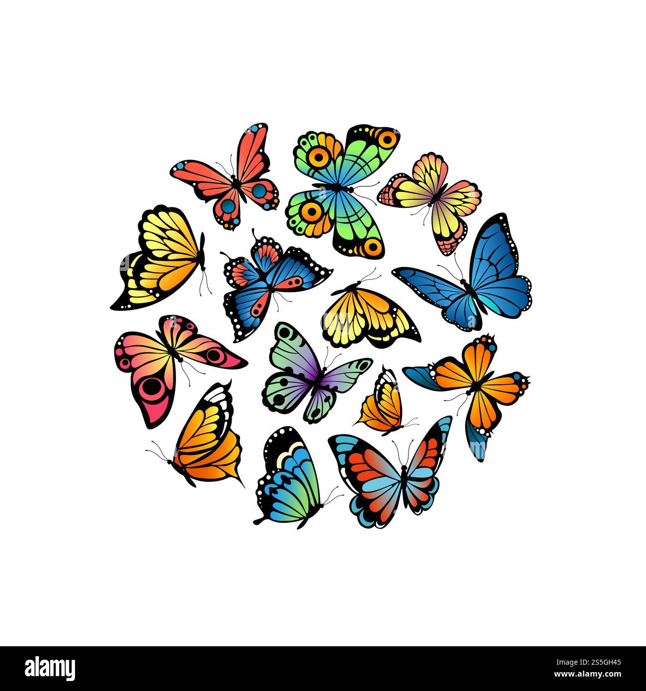 Vector decorative butterflies in circle shape illustration isolated on ...