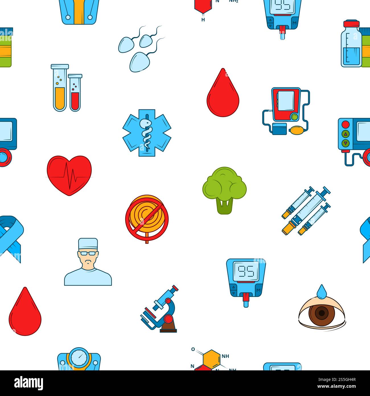 Vector colored diabetes icons on white pattern or background ...