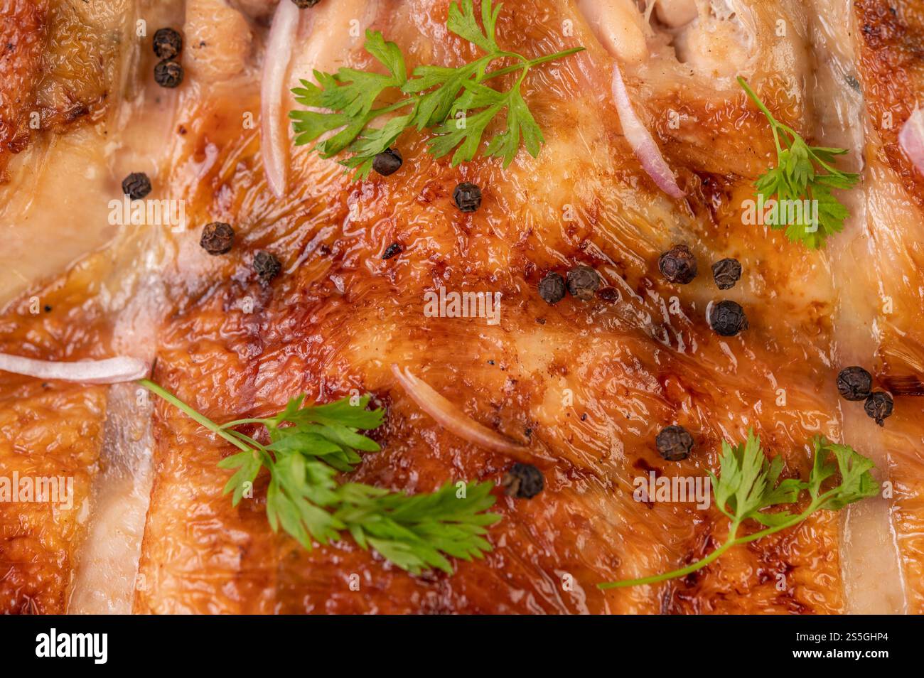 Grilled chicken on the plate with chili Garlic and sprinkled with ...