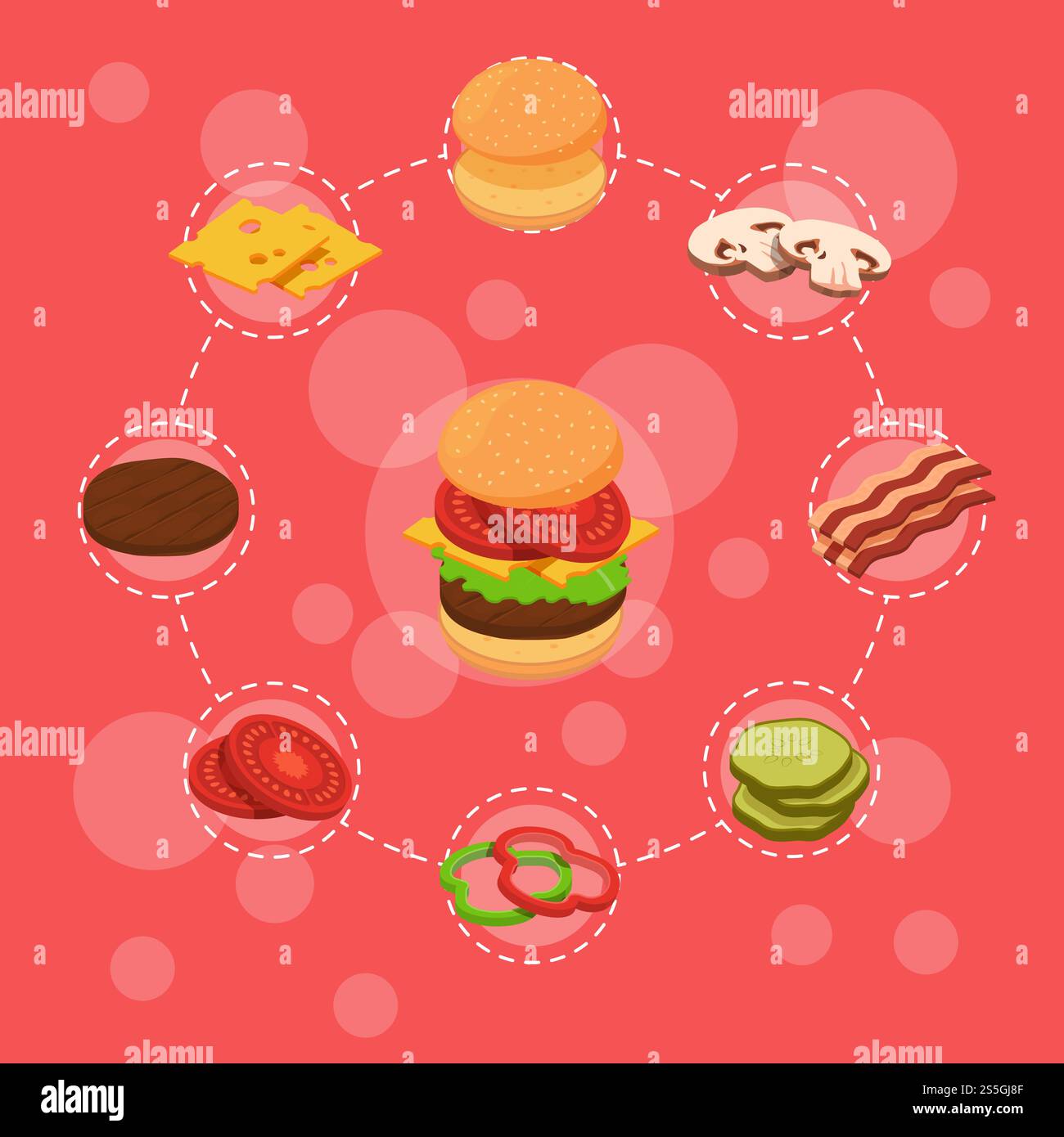 Vector isometric burger ingredients infographic concept illustration ...