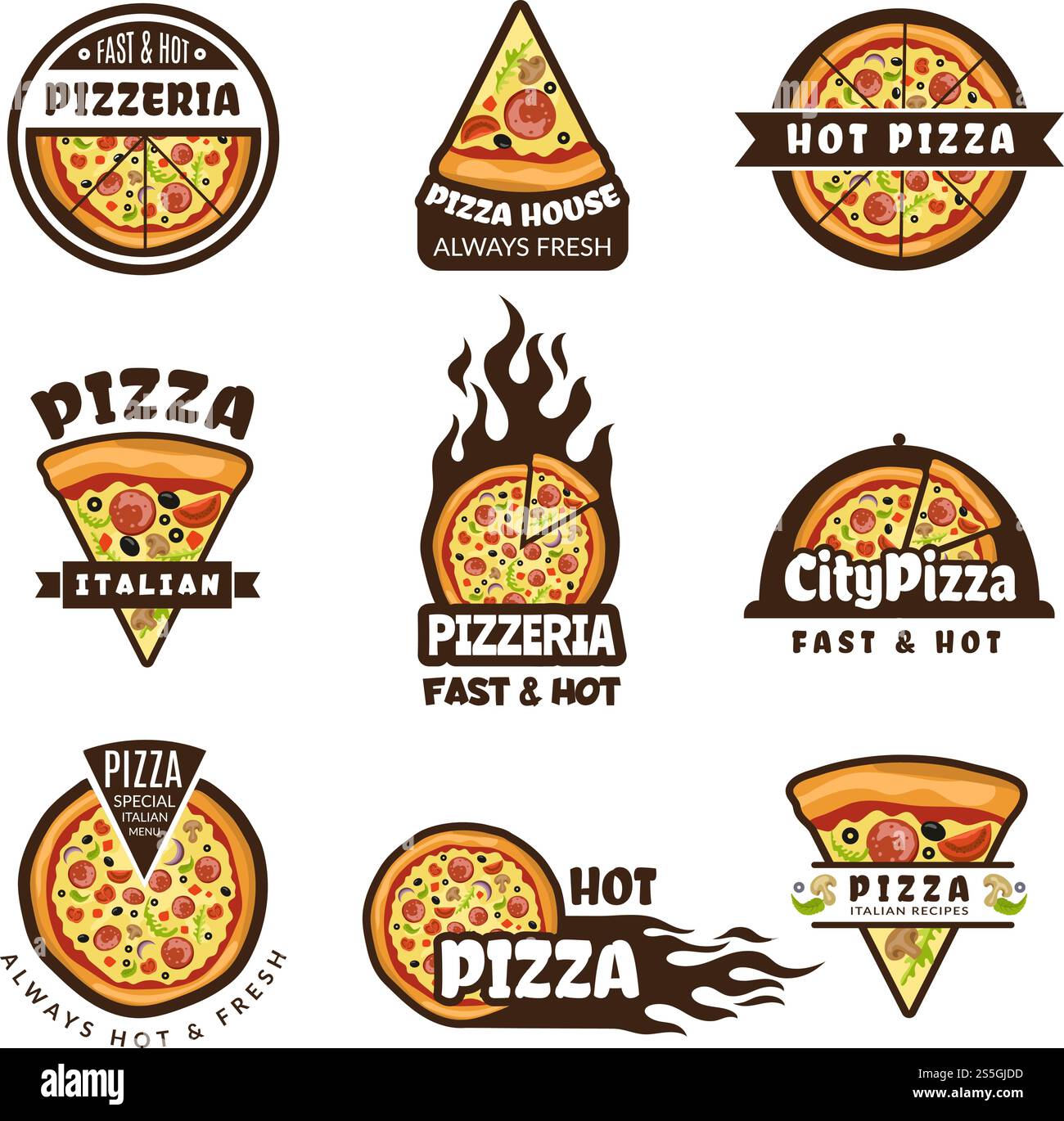 Pizza labels. Pizzeria logo design italian cuisine pie food ingredients ...