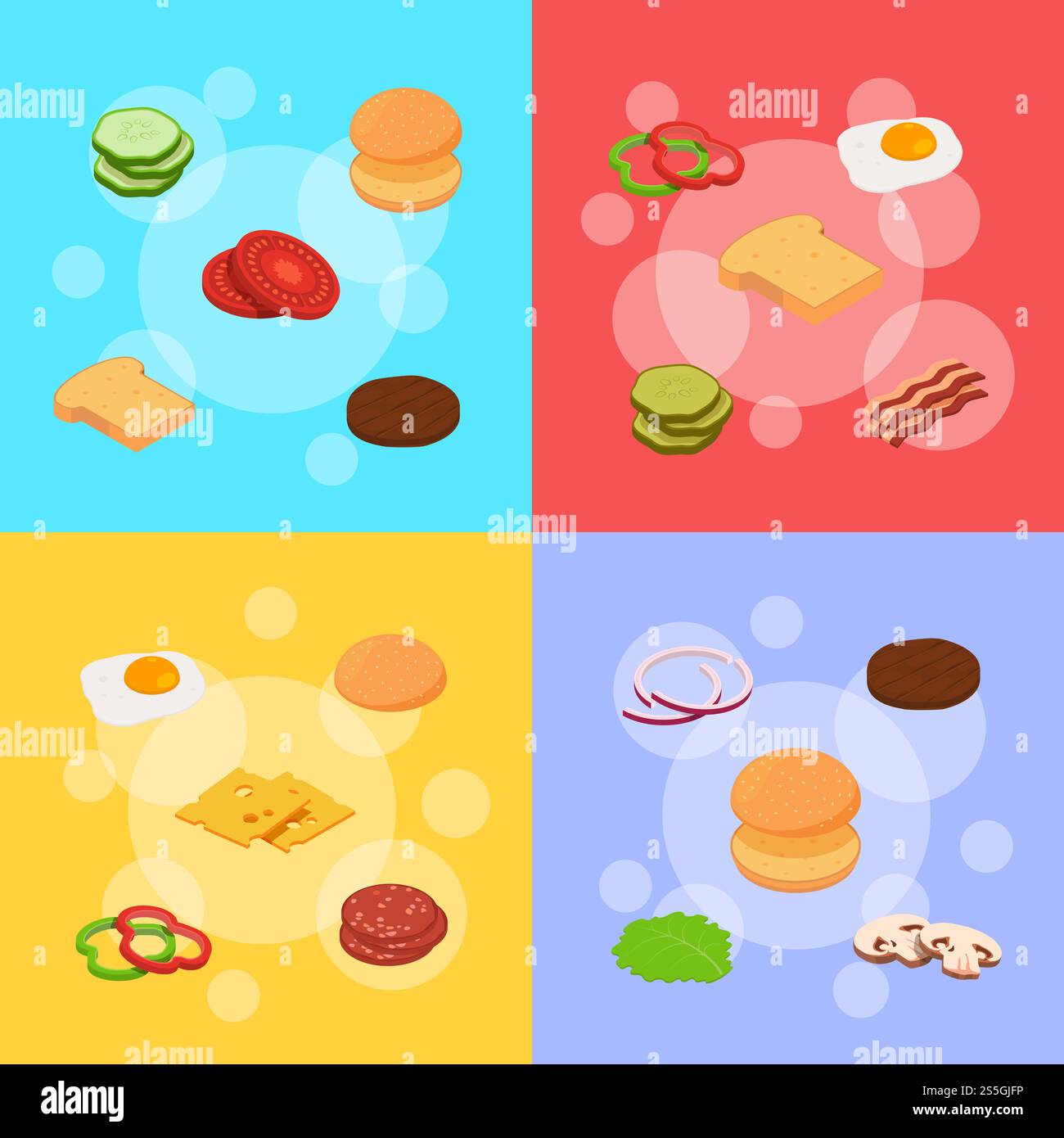 Vector isometric burger ingredients infographic of collection concept ...