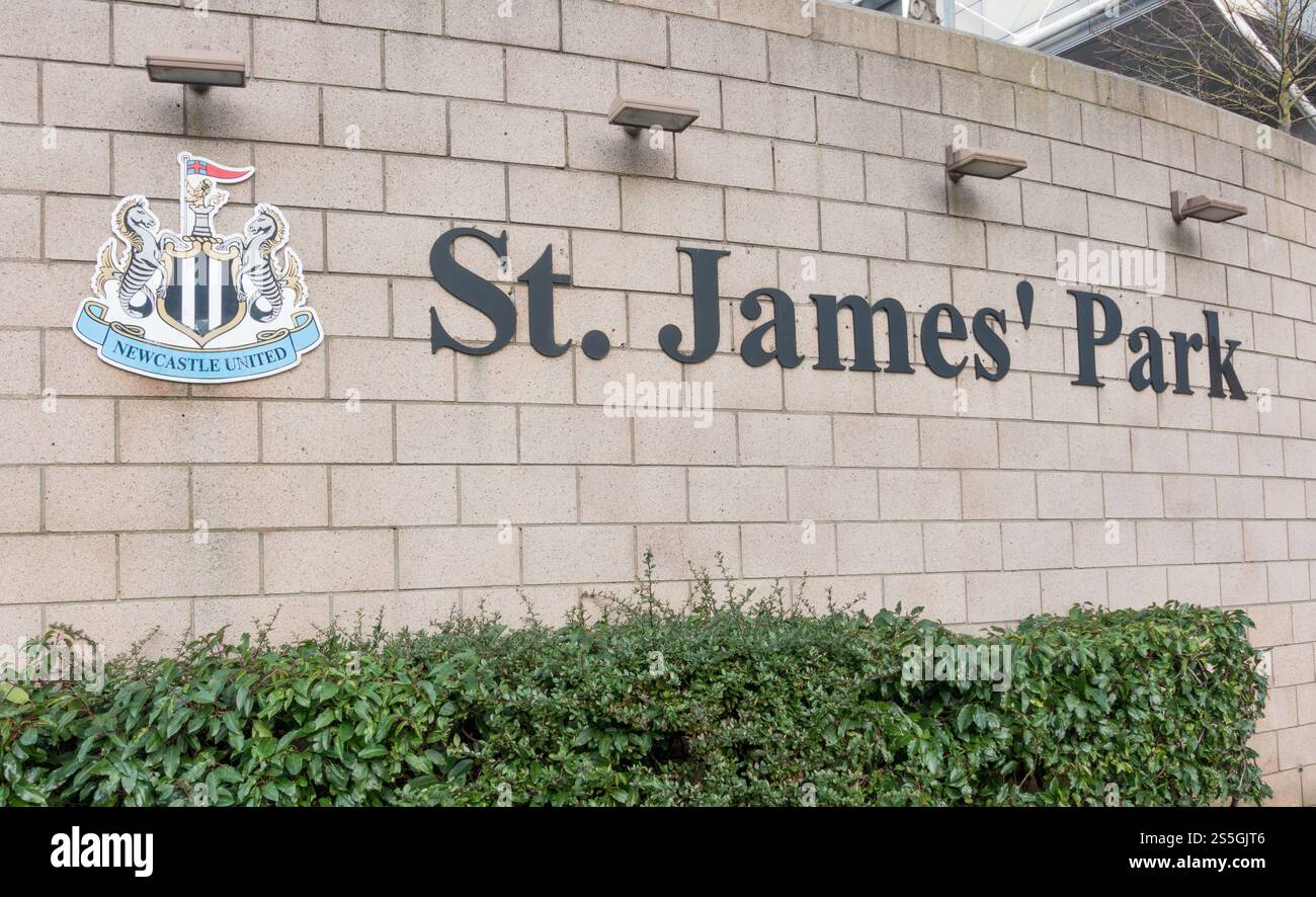 NUFC club badge and outside St James Park football stadium in Newcastle ...