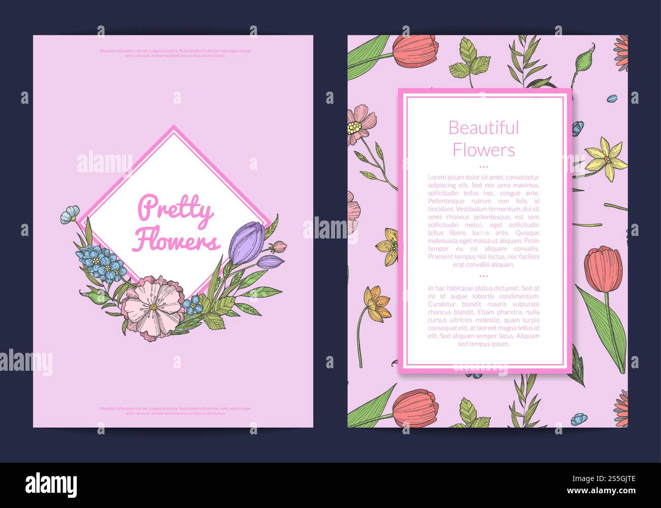 Vector hand drawn flowers card or flyer template illustration. Set of ...