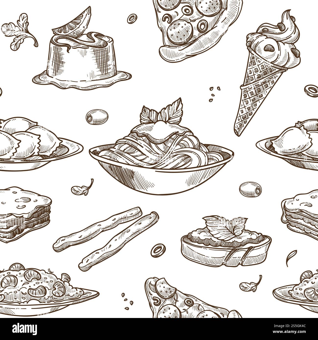 Italian cuisine sketch pattern background. Vector seamless design of ...