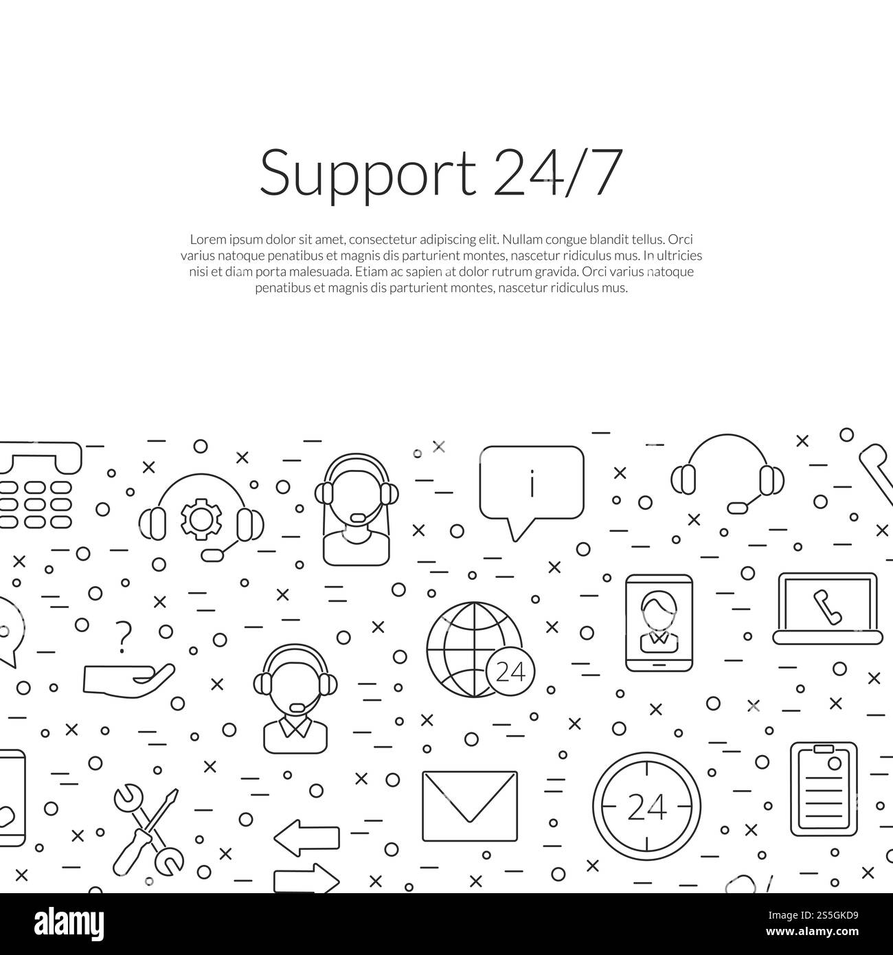 Vector line call support center icons background with place for text ...