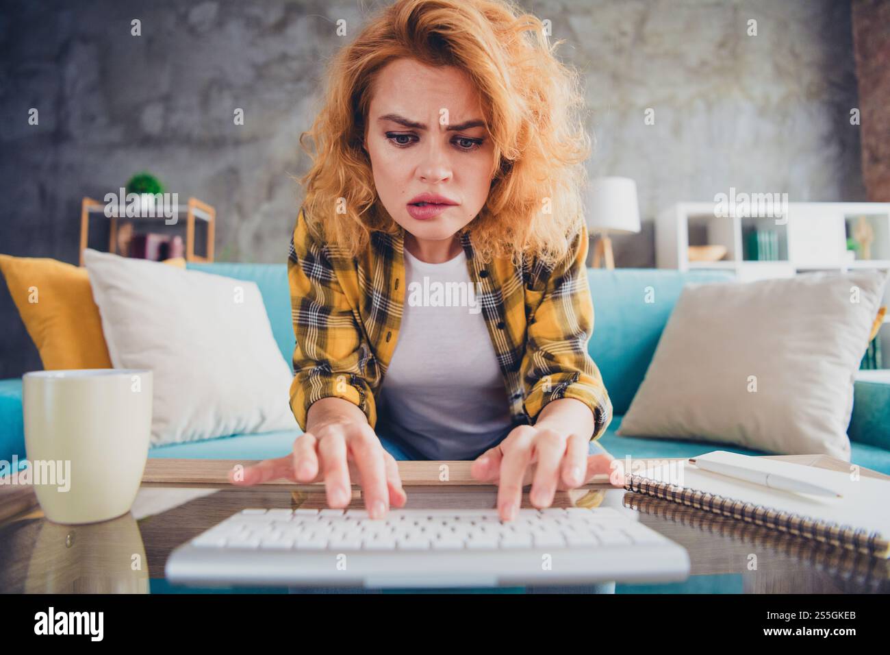 Photo of attractive young blonde woman stressed work computer keyboard ...