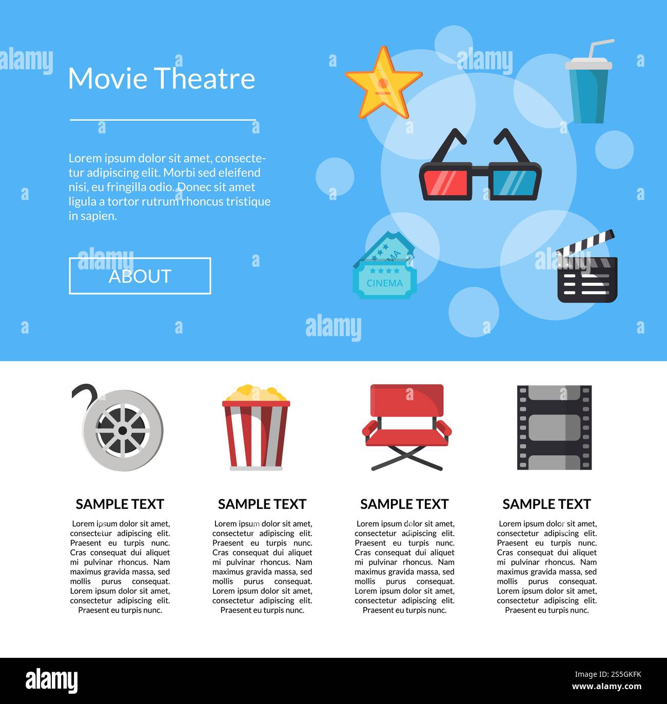 Vector flat cinema, movie film icons landing web page template ...