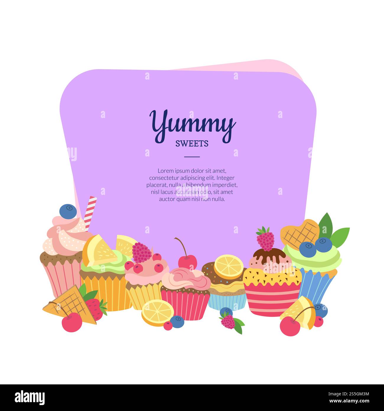 Vector cute cartoon muffins or cupcakes below frame with place for text ...