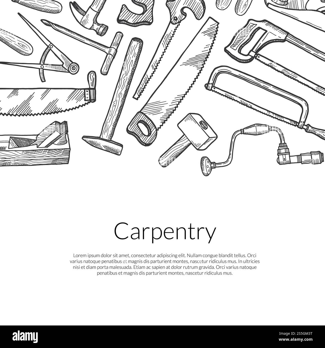Vector hand drawn carpentry elements banner background with place for ...