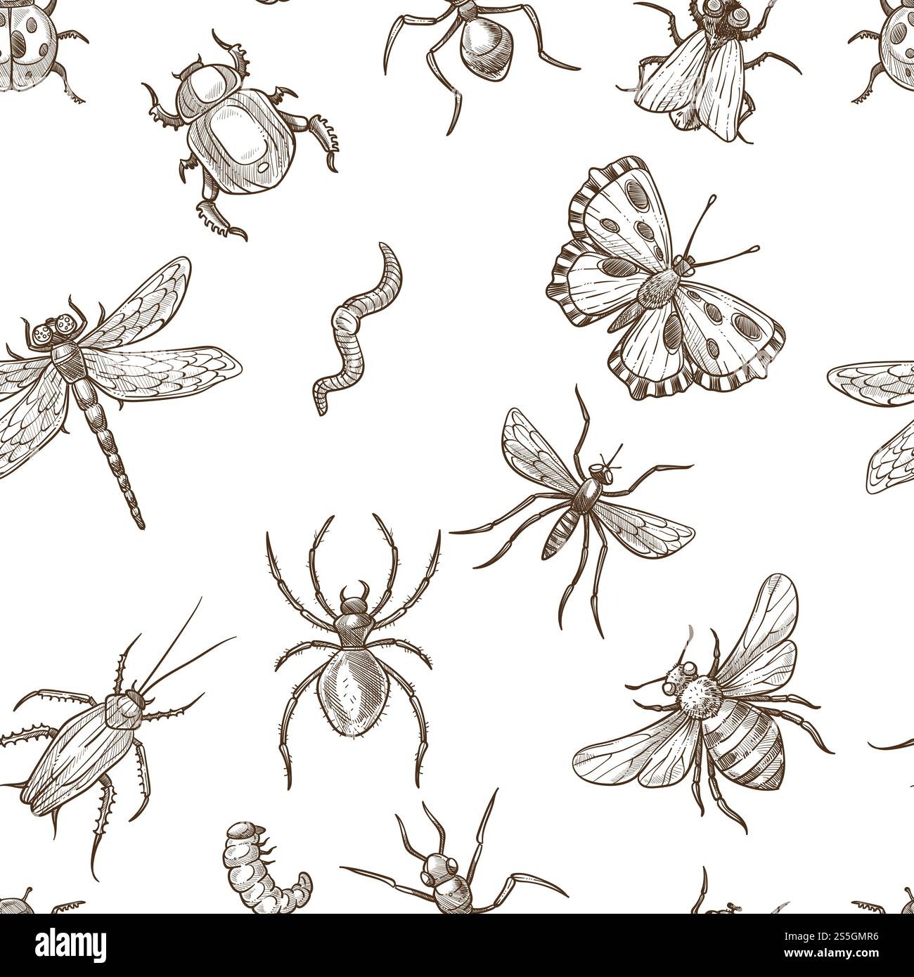 Insects that fly and creep monochrome sepia sketches seamless pattern ...