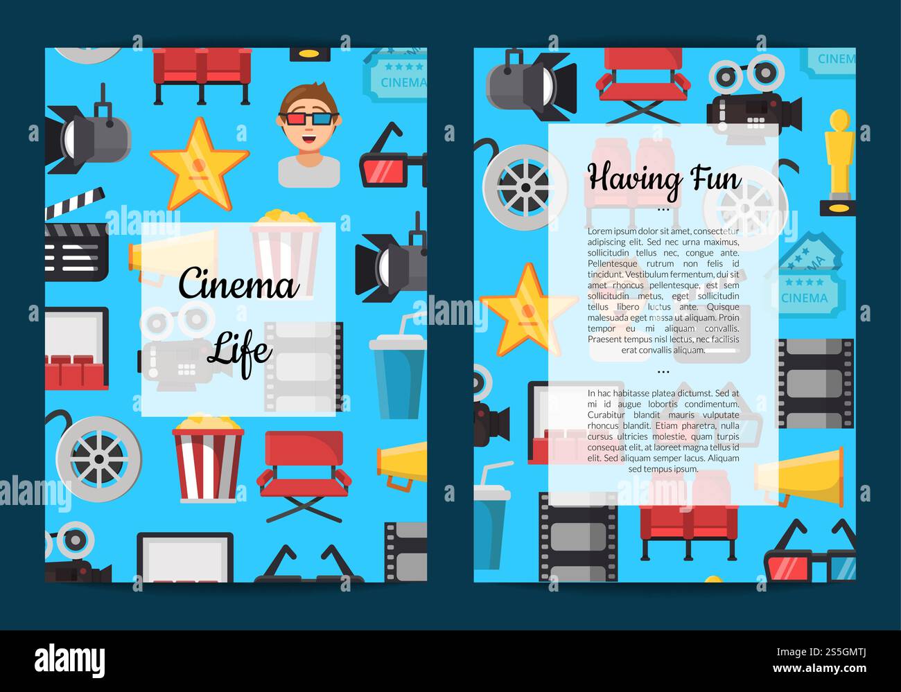 Vector flat cinema icons card or flyer template with colored pattern ...