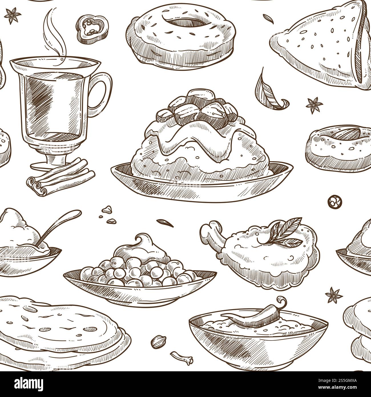 Indian cuisine sketch pattern background. Vector seamless design of ...
