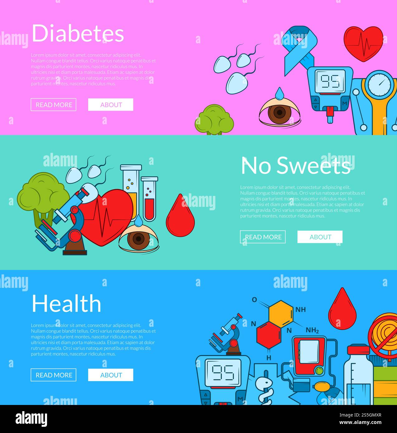 Vector colored diabetes icons web banner templates illustration ...