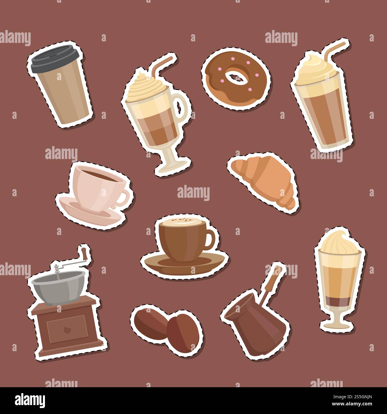 Vector cartoon coffee types stickers set illustration isolated on brown ...