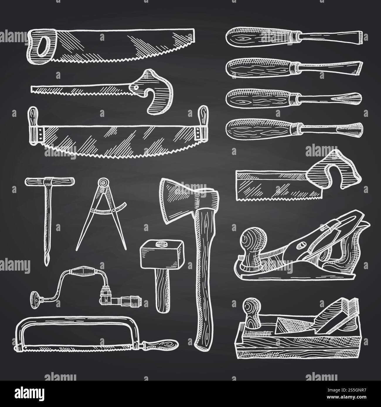 Vector hand drawn carpentry elements set on black chalkboard background ...