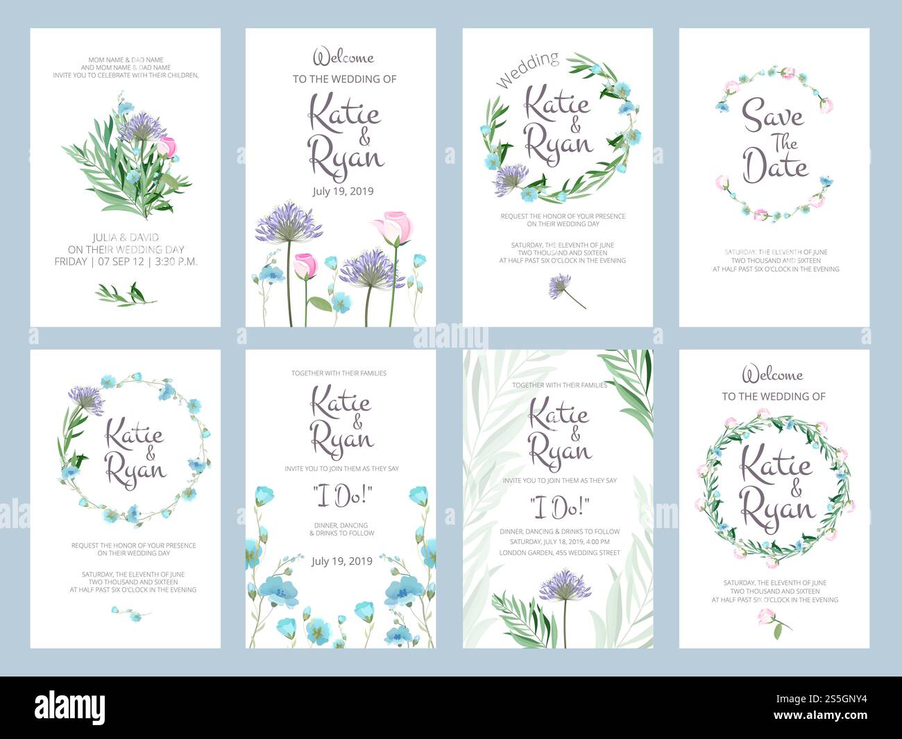 Invitation cards. Wedding floral placards love greeting beauty frames vector illustrations with ...