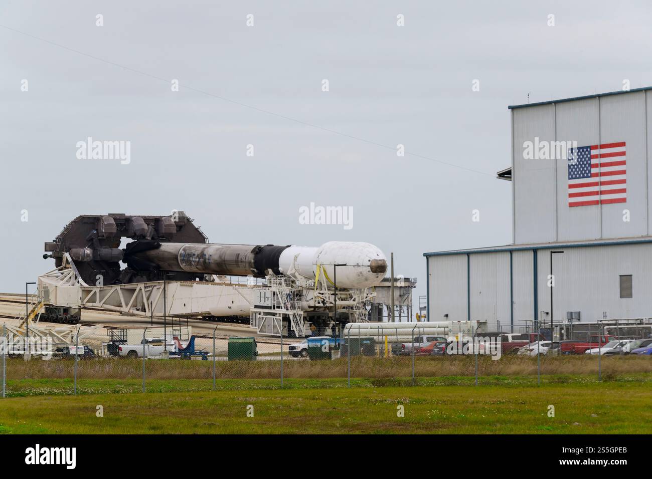 Merritt Island, Florida, USA. 14th Jan, 2025. A SpaceX Falcon 9 rocket is seen rolling out from ...