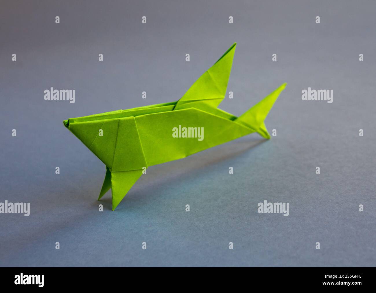 Green paper shark origami isolated on a blank grey background. Green ...