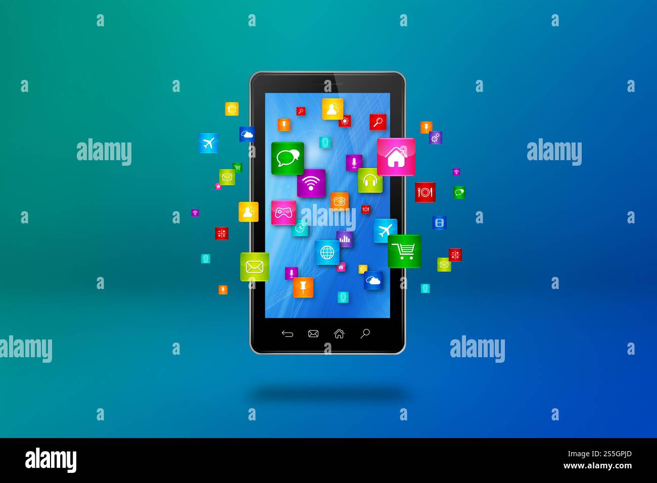 Flying icons around a smartphone. Cloud computing concept. 3D ...