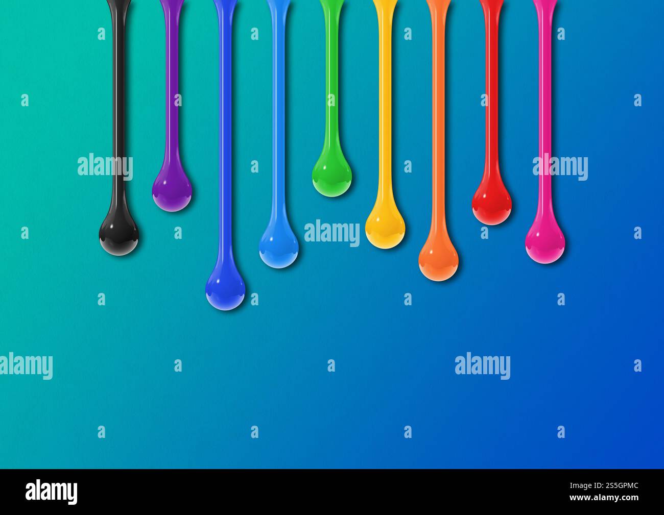 Colorful ink drops isolated on blue background. Horizontal wallpaper ...