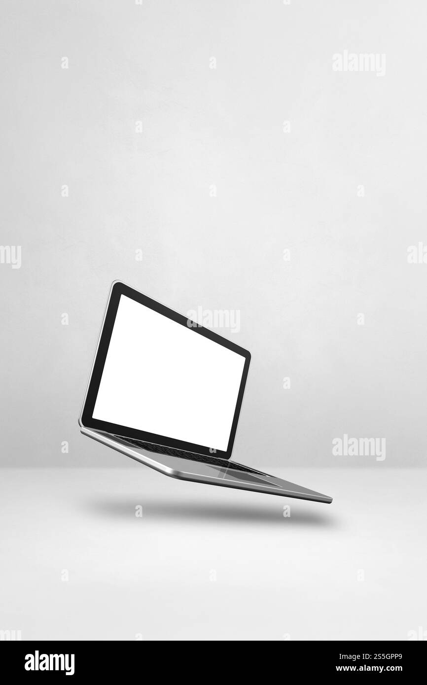 Blank computer laptop floating over a white background. 3D isolated ...