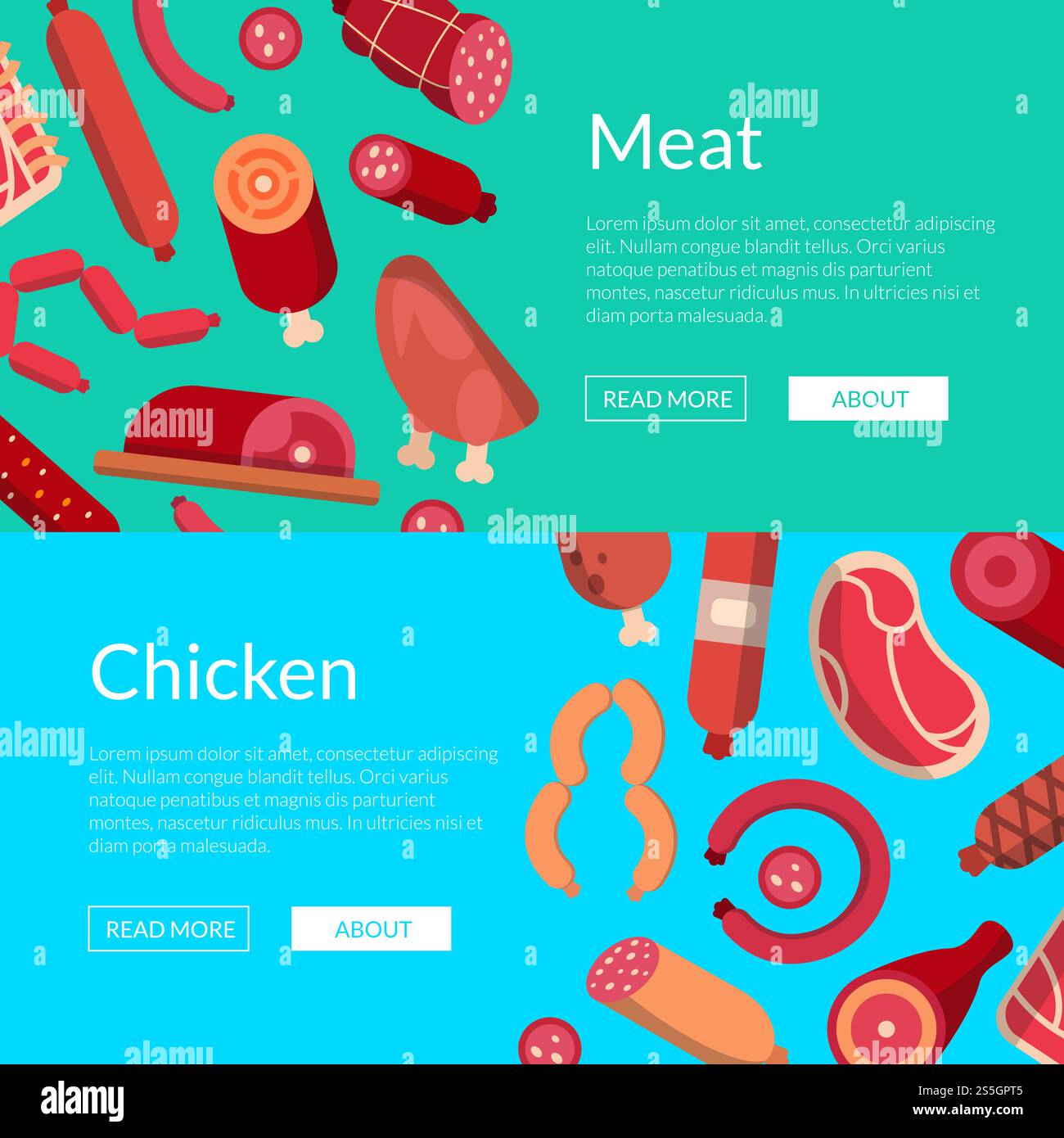 Vector flat meat and sausages icons web banner templates and poster ...