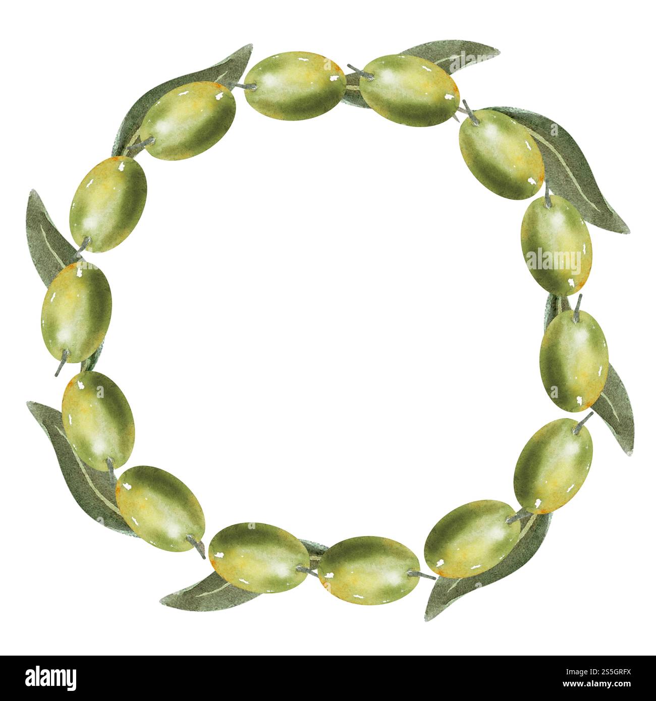 Olives and black olives berries, hand-drawn in watercolor. Round frame ...