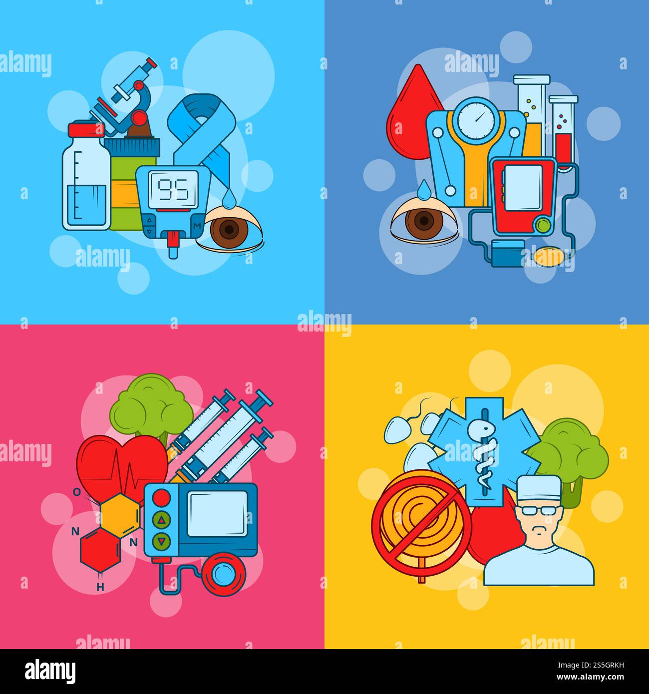 Vector colored diabetes icons infographic concept illustration. Set of ...