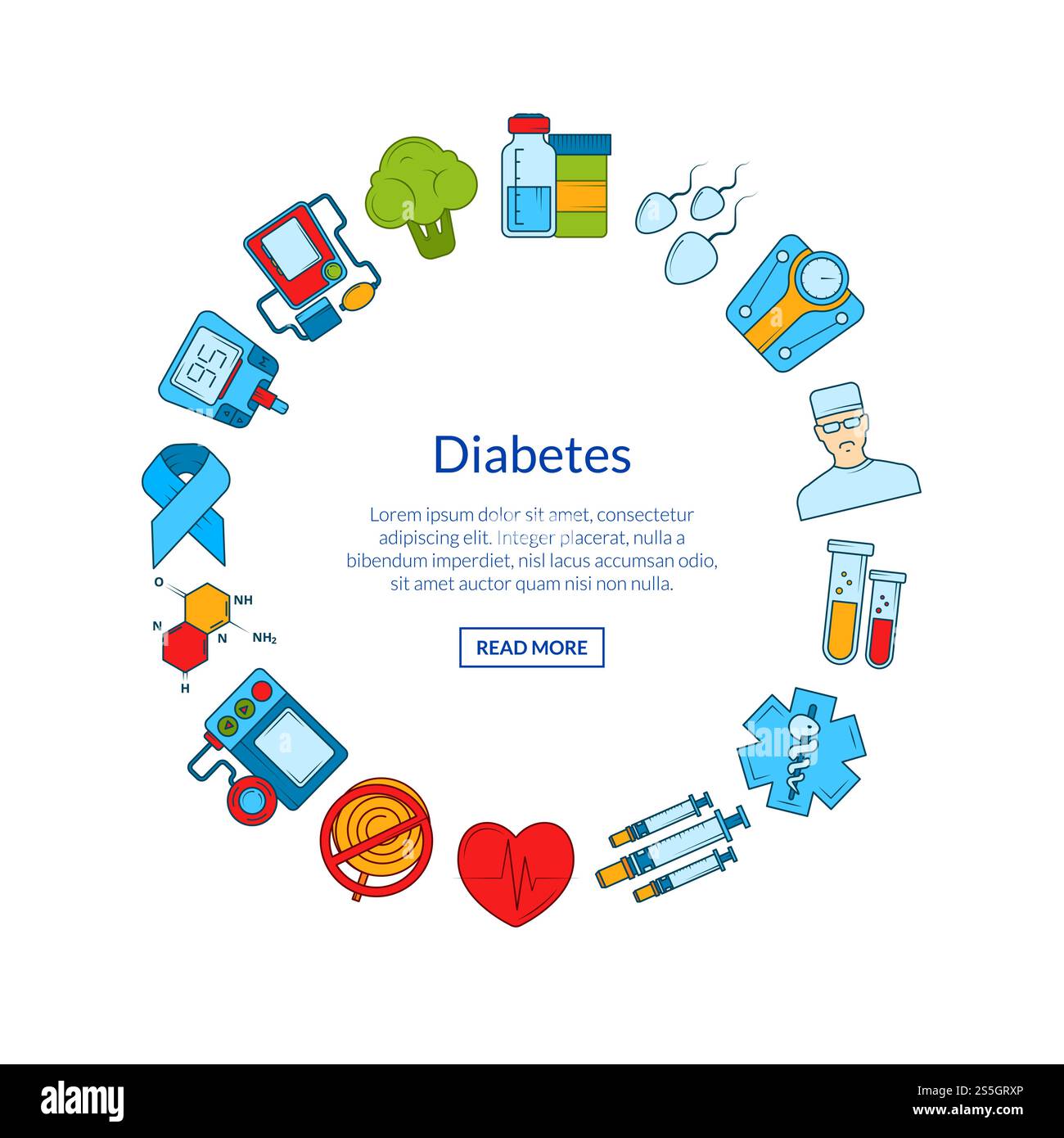 Vector colored diabetes icons in circle shape with place for text ...