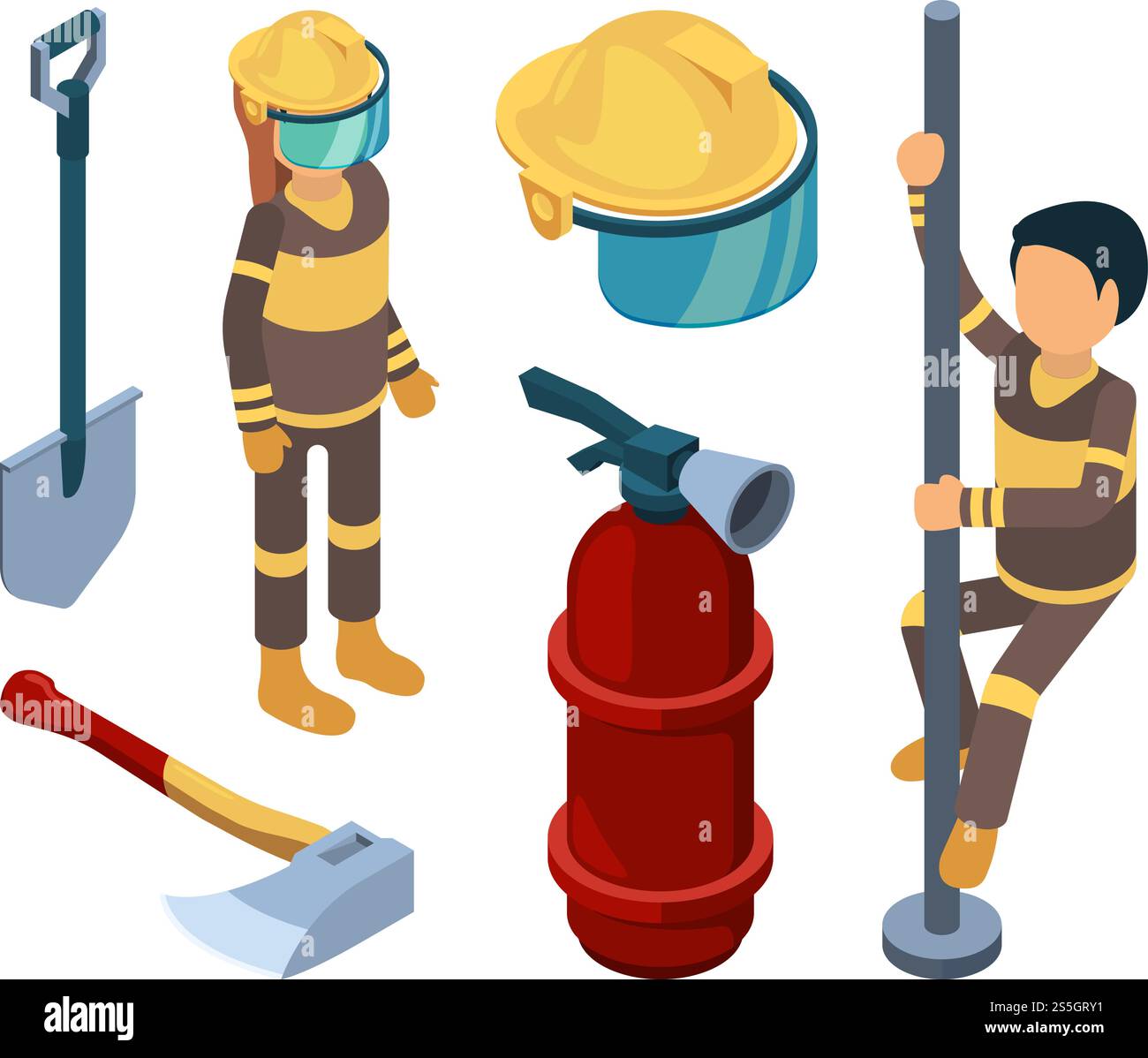 Fire station items isometric. Firefighters smoke truck fireman ...