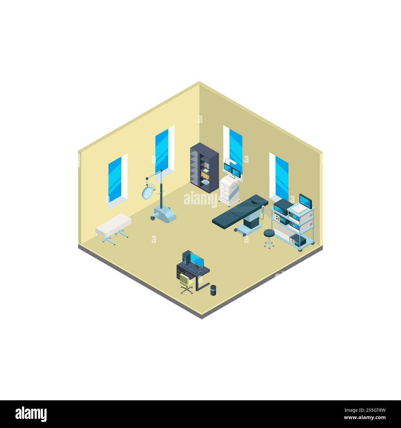 Vector isometric hospital interior with furniture and medical equipment ...