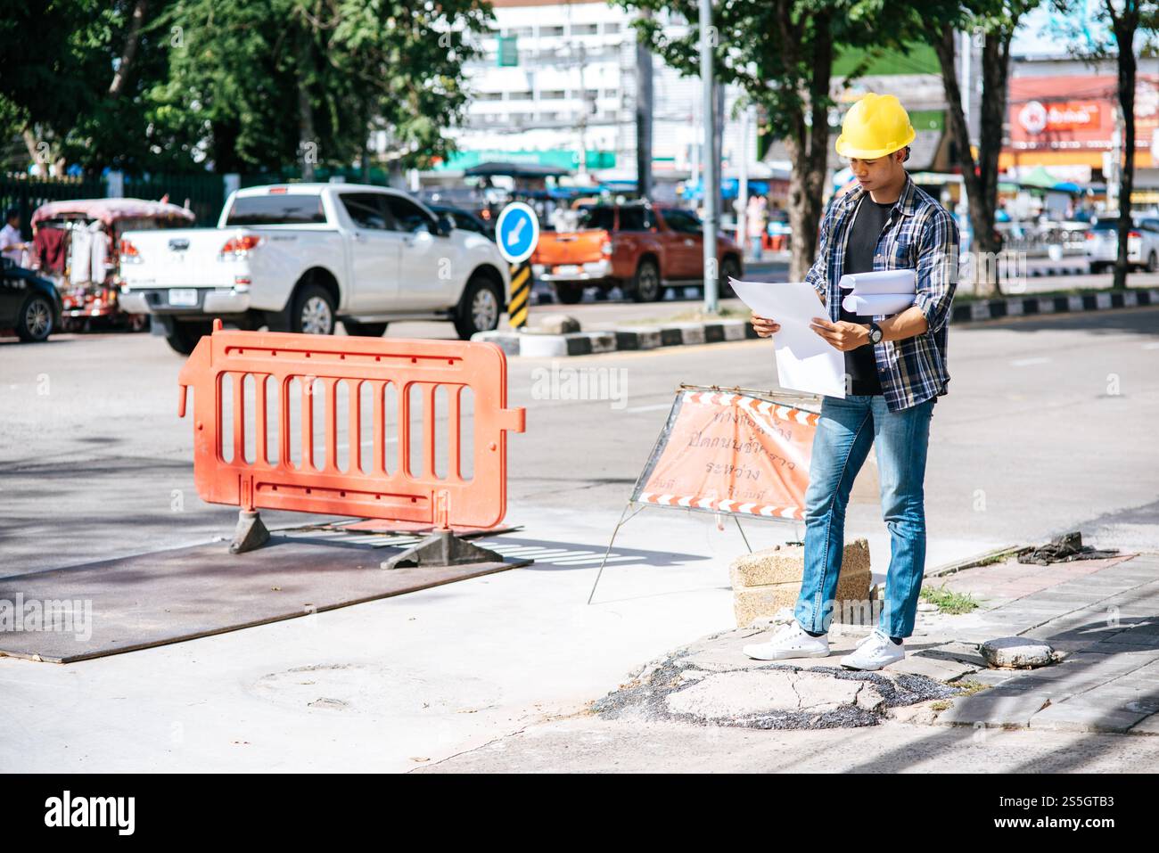 Civil engineers work according to road conditions and have barriers ...