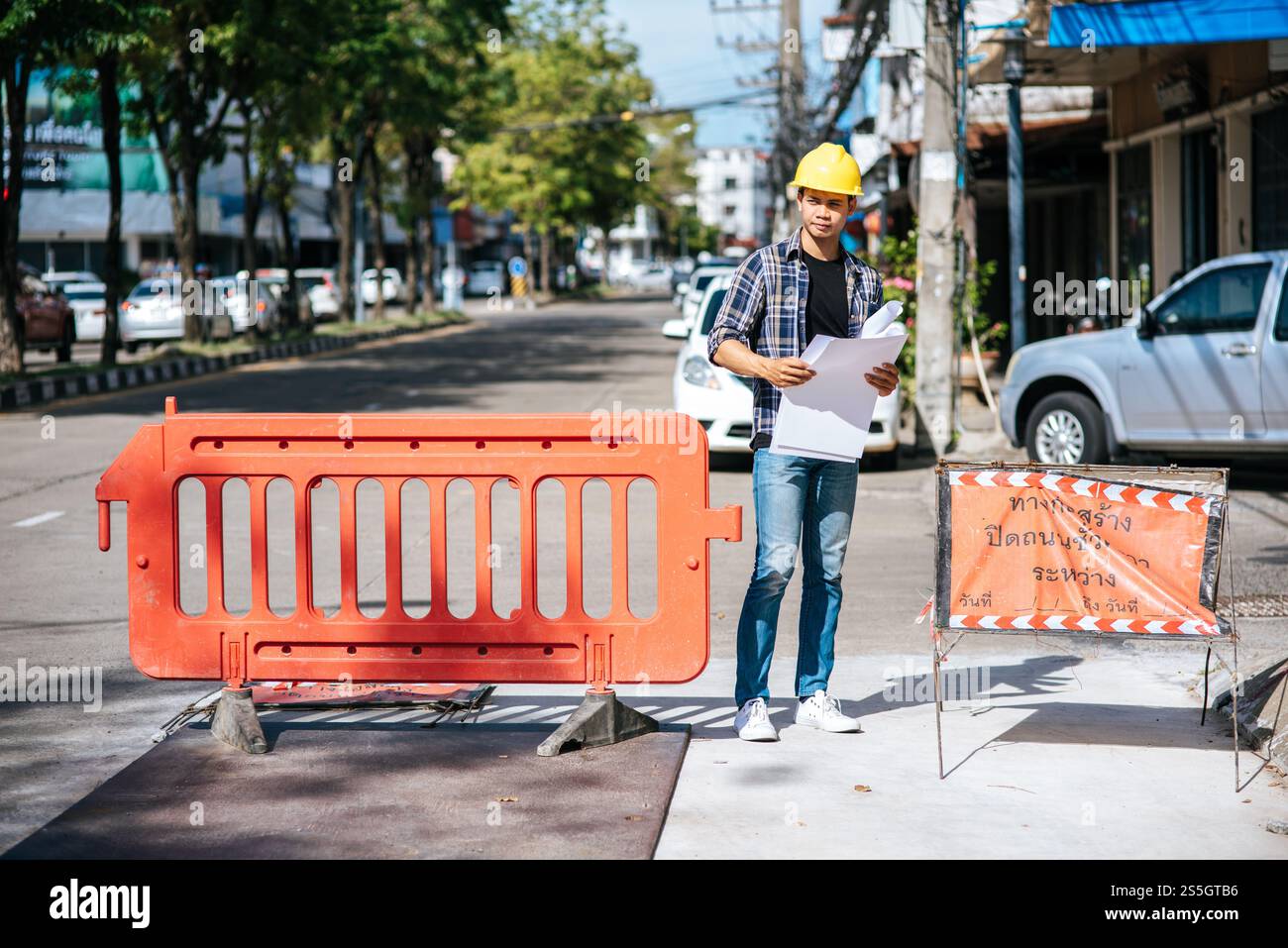Civil engineers work according to road conditions and have barriers ...