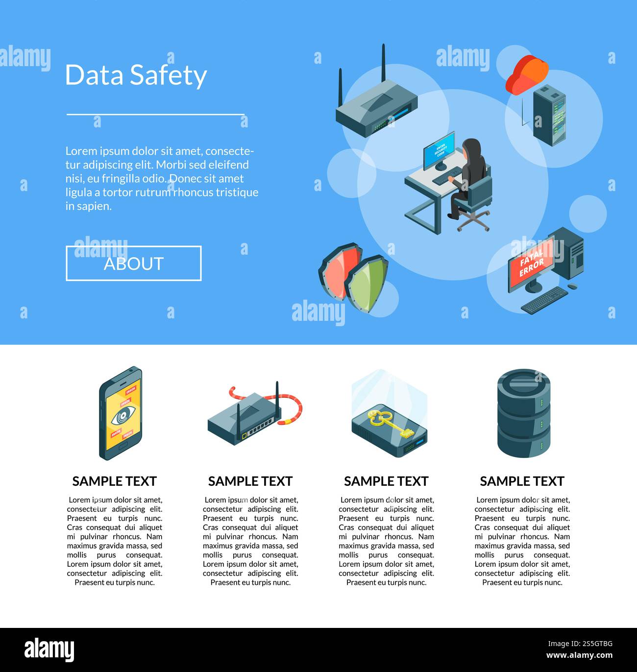 Vector isometric data and computer safety icons landing page template ...