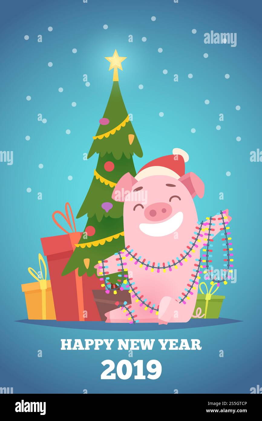 Cartoon pig new year background. Winter xmas illustration with funny ...