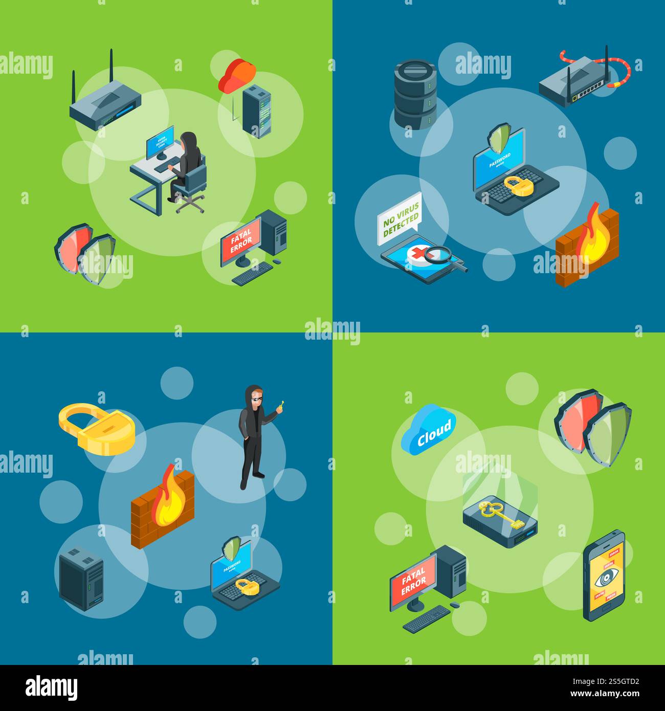 Banner and poster vector isometric data and computer safety icons ...
