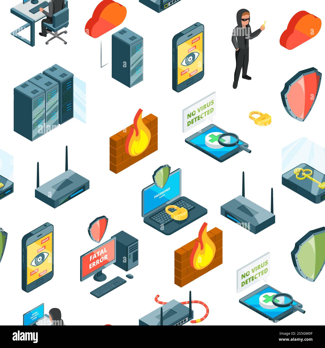 Vector isometric data and computer safety icons pattern or background illustration. 3d security ...