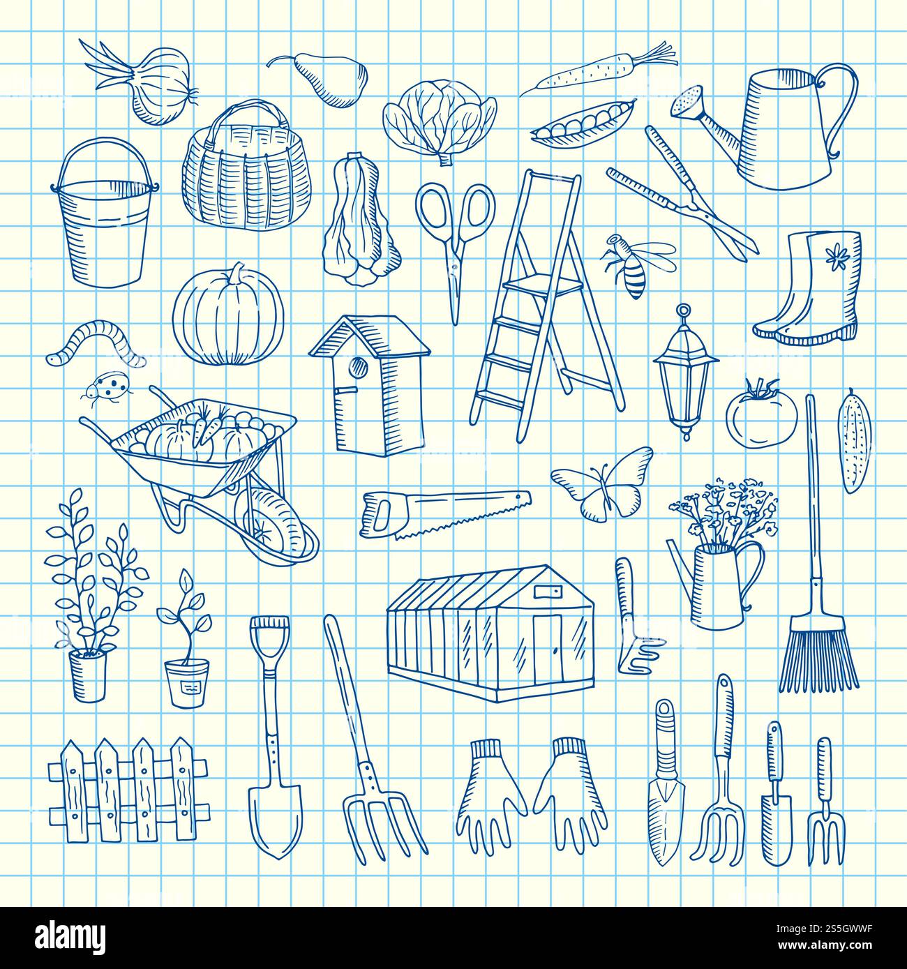 Vector gardening doodle icons on cell sheet illustration. Garden doodle ...