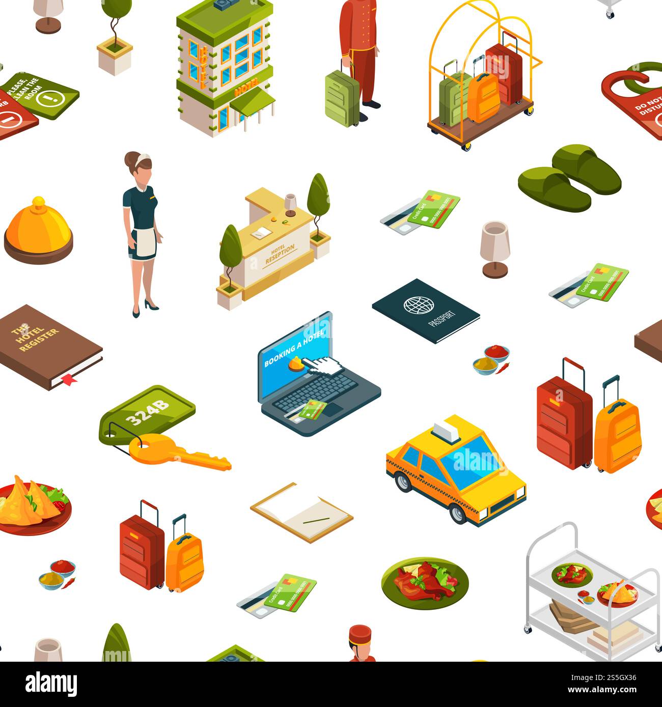 Vector isometric hotel icons pattern or background illustration. Hotel ...