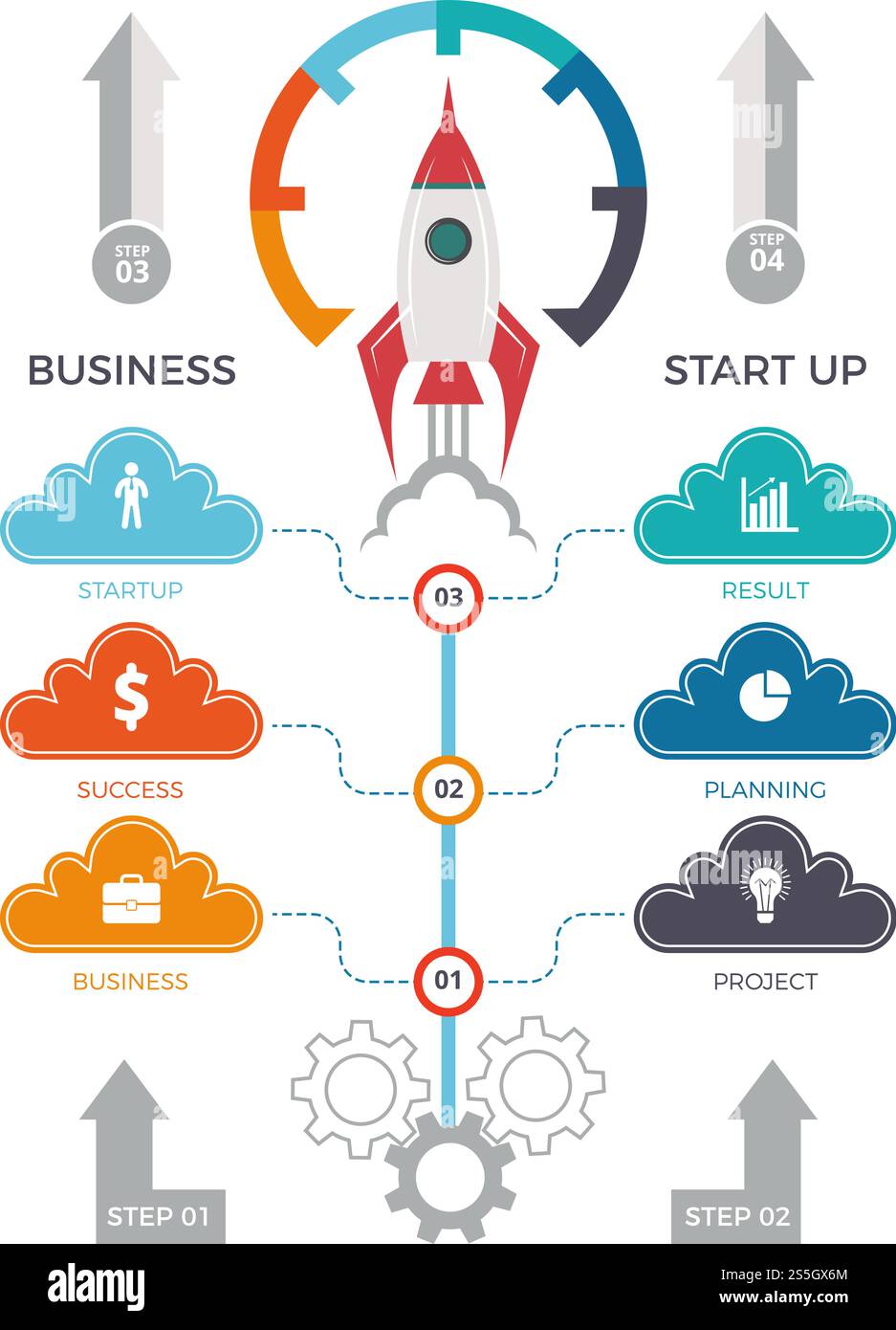 Startup infographics. Business launch concept with growth graphic diagram arrows and rocket or ...