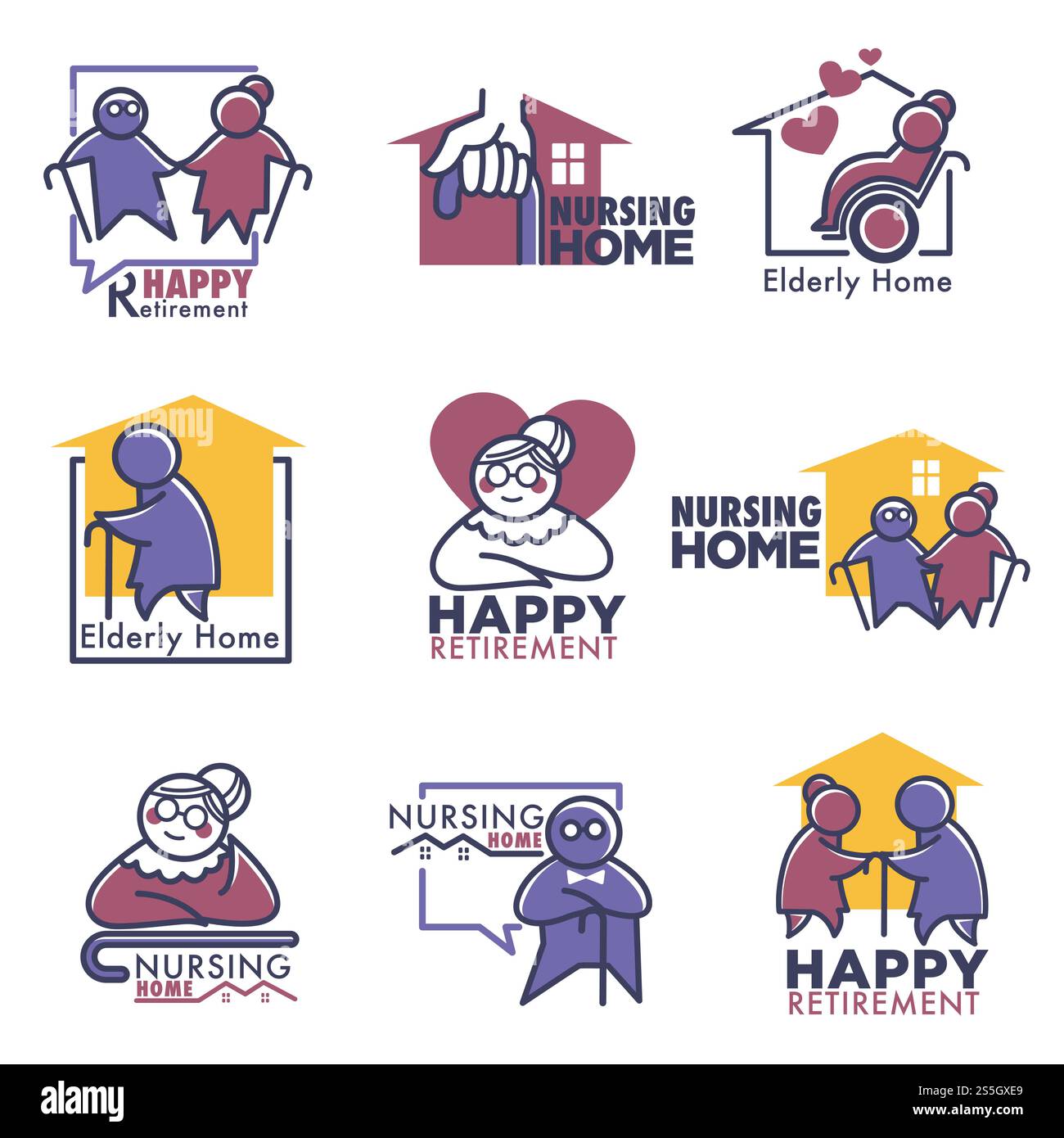 Happy retirement for elderly people nursing home isolated logos vector ...
