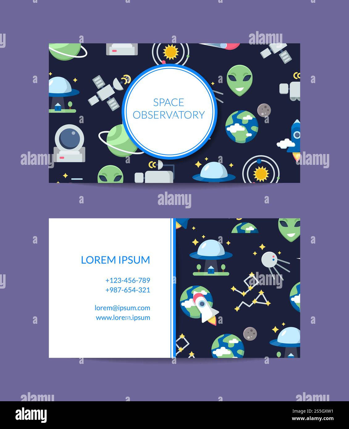 Vector flat space icons business card template for observatory ...