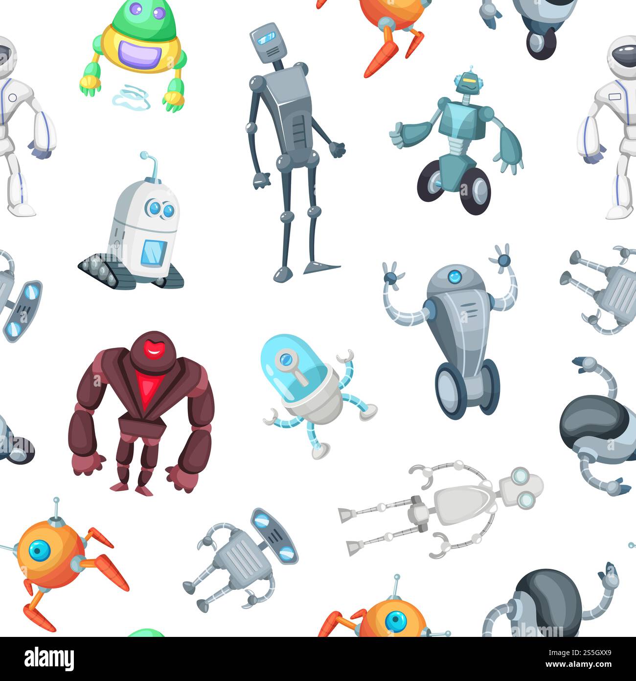 Vector cartoon colored robots pattern or background on white ...