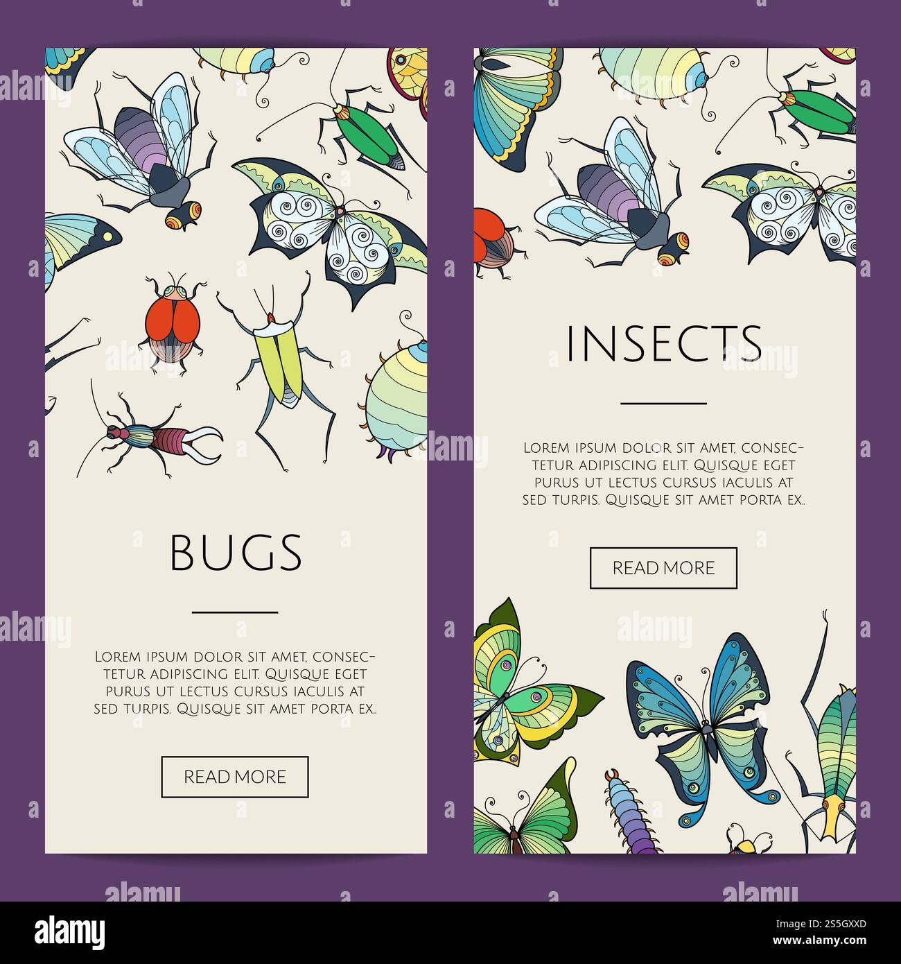 Vector hand drawn insects web banner and website poster templates ...